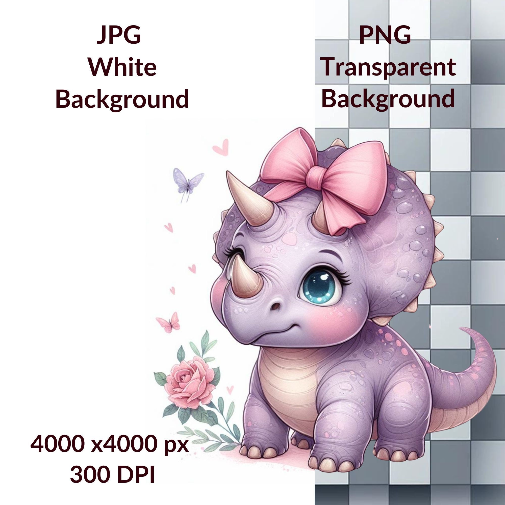 Watercolor Pink Dinosaur Clipart Bundle, Cute Dino, Triceratops PNG, T ...