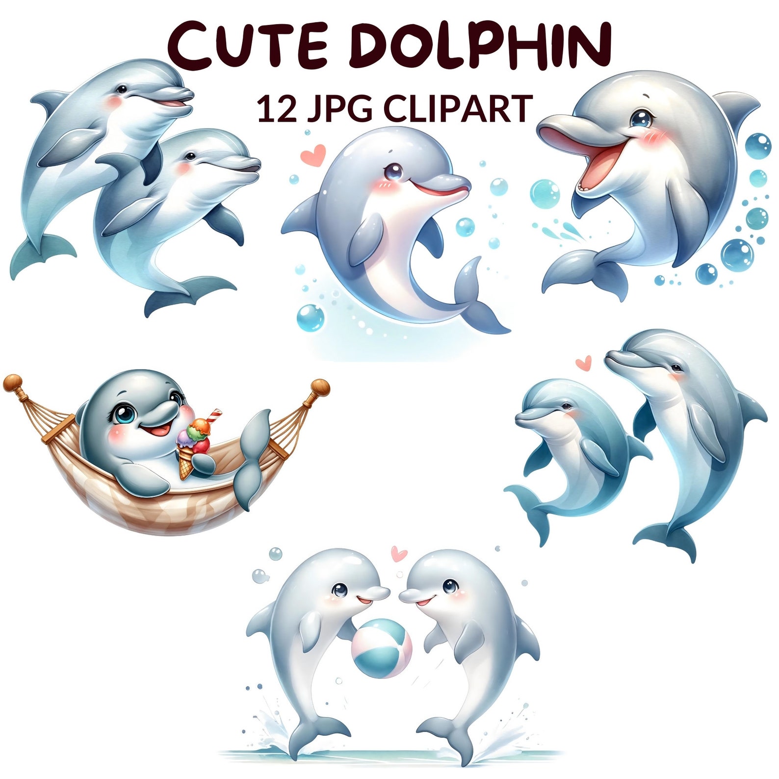 Watercolor Dolphins Clipart Bundle, 12 Cute Dolphin PNG, Summer Dolphin ...