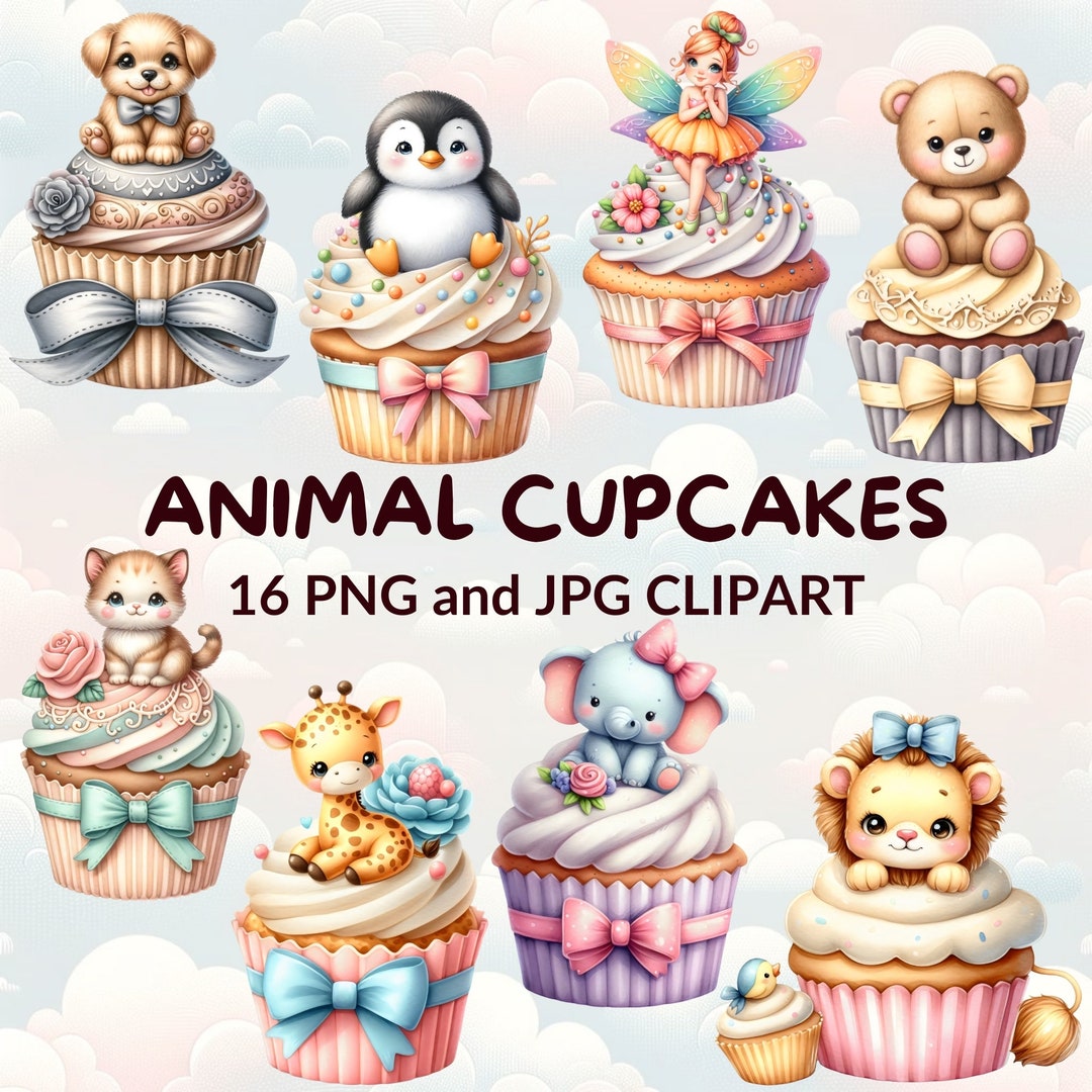 16 Watercolor Animal Cupcake Clipart Bundle, Cupcake PNG & JPG Files ...