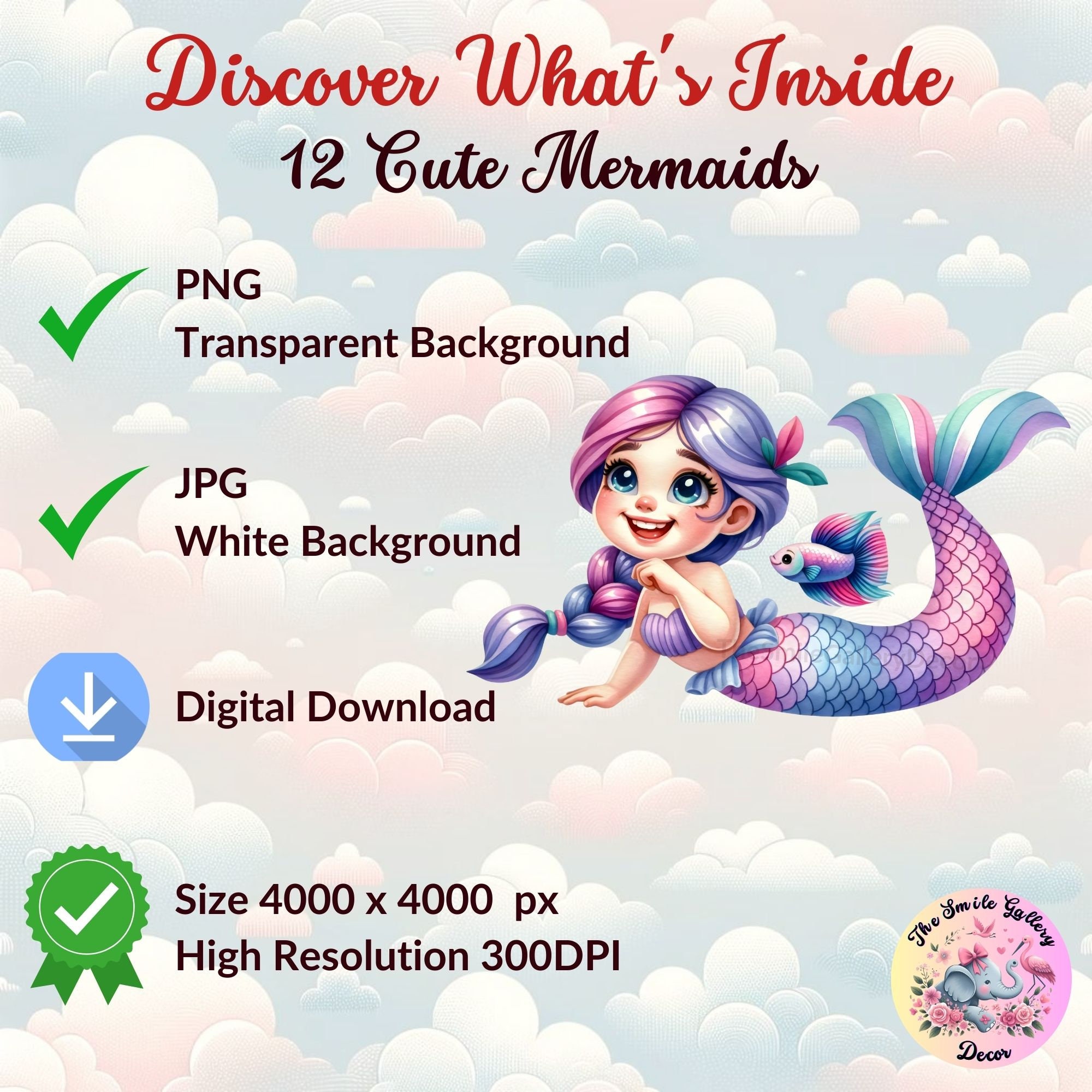 12 Watercolor Mermaid Clipart Bundle, Cute Mermaid PNG, JPG Files ...