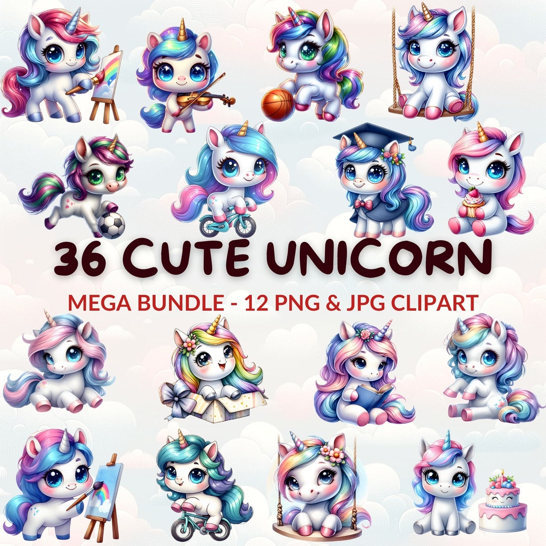Watercolor Unicorn Clipart Bundle: Rainbow Fantasy Nursery Art (PNG ...