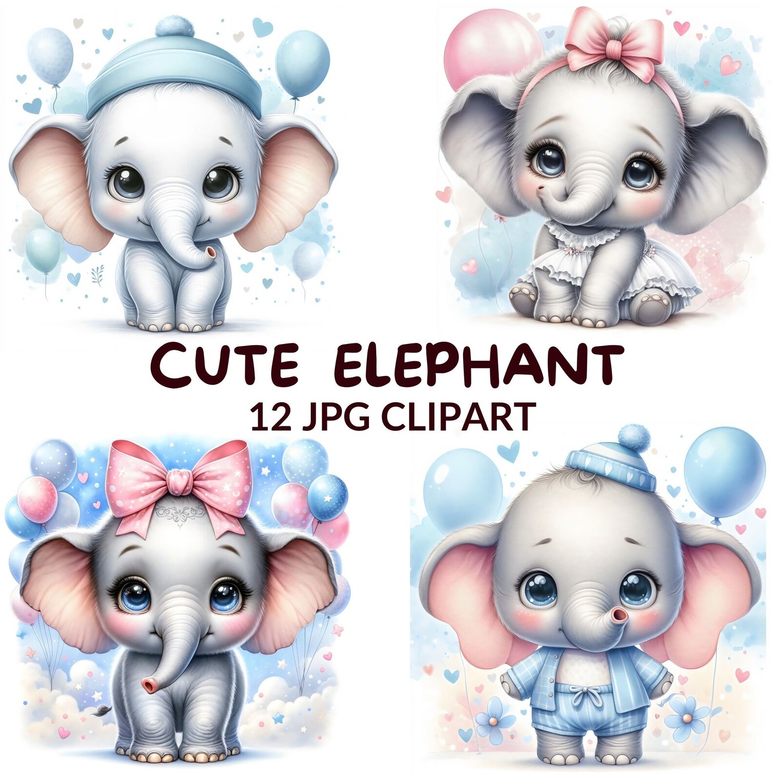 12 Watercolor Elephant Clipart Bundle, Cute Pink and Blue Elephant PNG ...