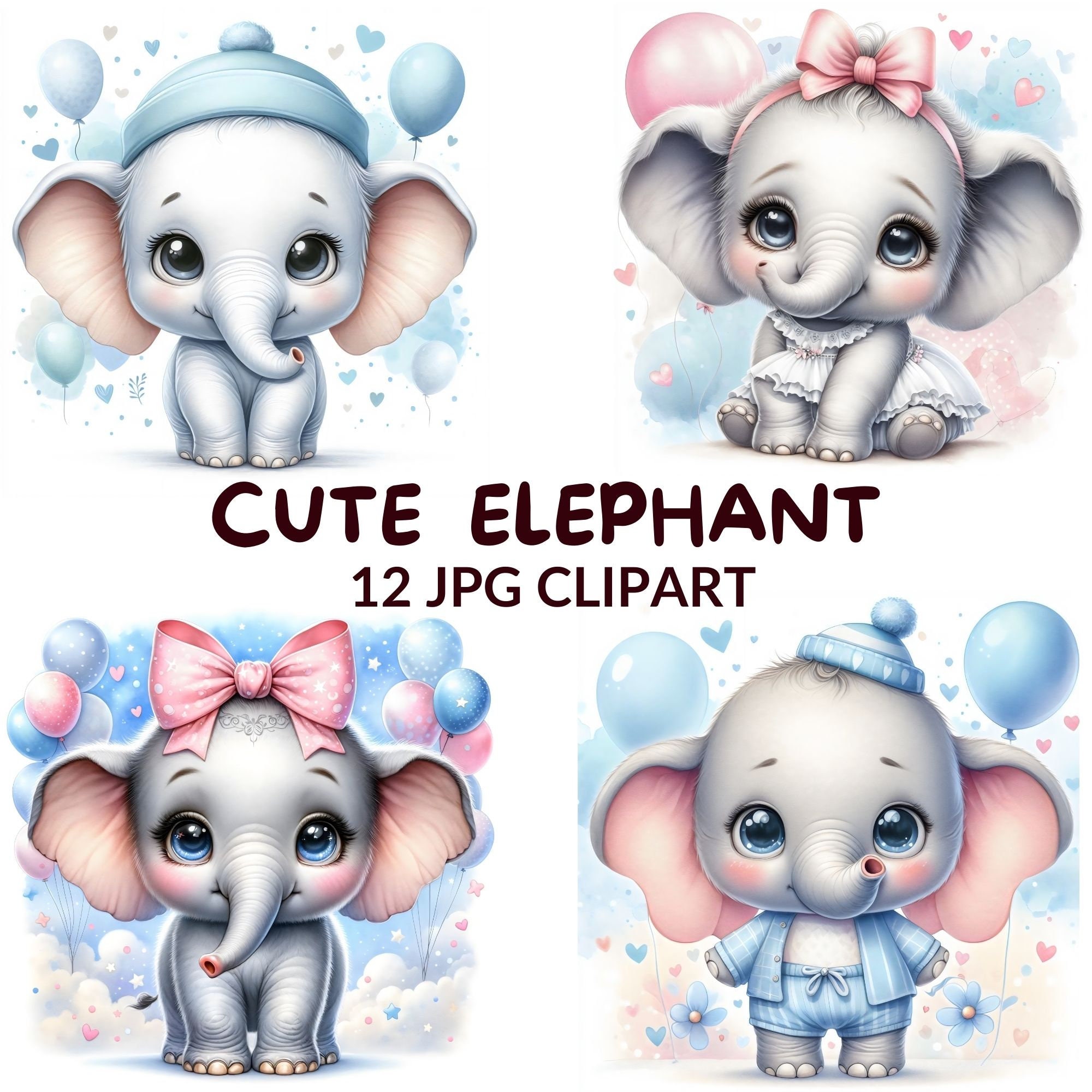 12 Watercolor Elephant Clipart Bundle, Cute Pink and Blue Elephant PNG ...