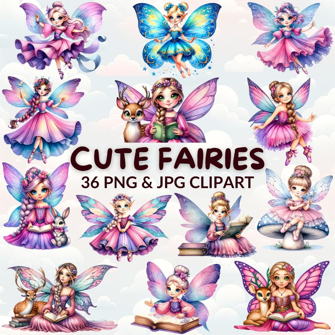 36 Watercolor Cute Fairies Clipart Bundle, Fairy PNG & JPG, Fantasy ...