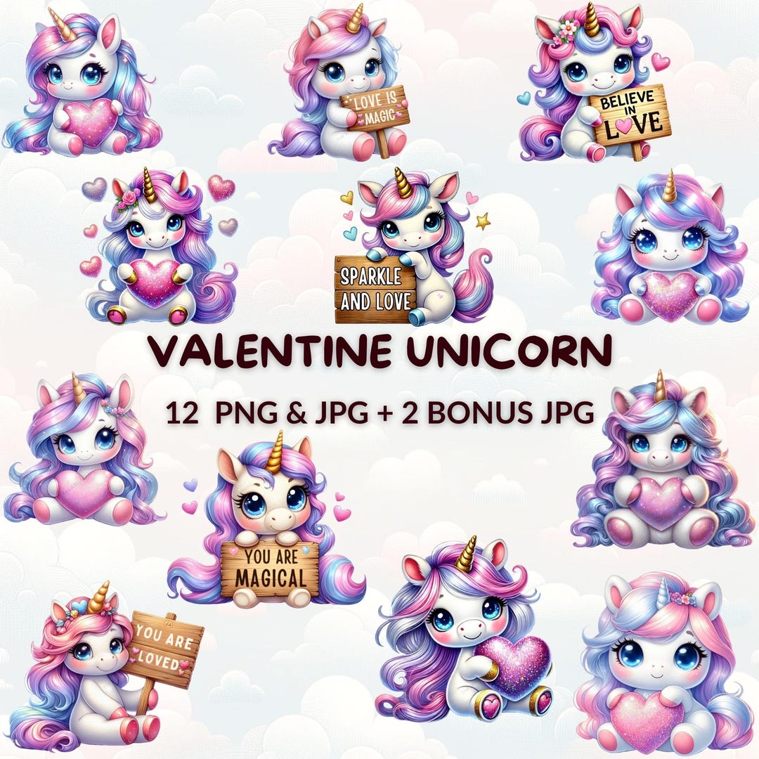 Valentine Unicorn Clipart Bundle, 12 Watercolor Cartoon Cute Unicorns ...