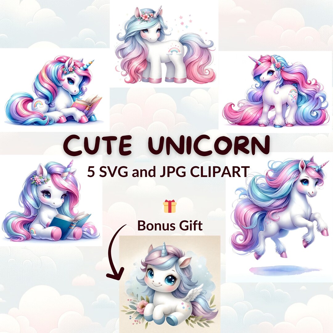 Watercolor Unicorn Clipart Bundle: Nursery Art, Scrapbooking (SVG, JPG ...