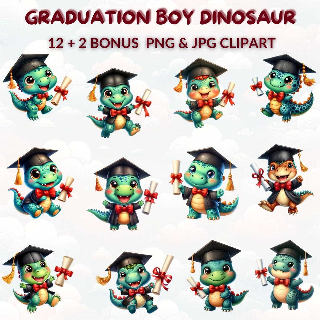 Graduation Boy Dinosaur Clipart Bundle, 12 Watercolor Cartoon PNG JPG ...