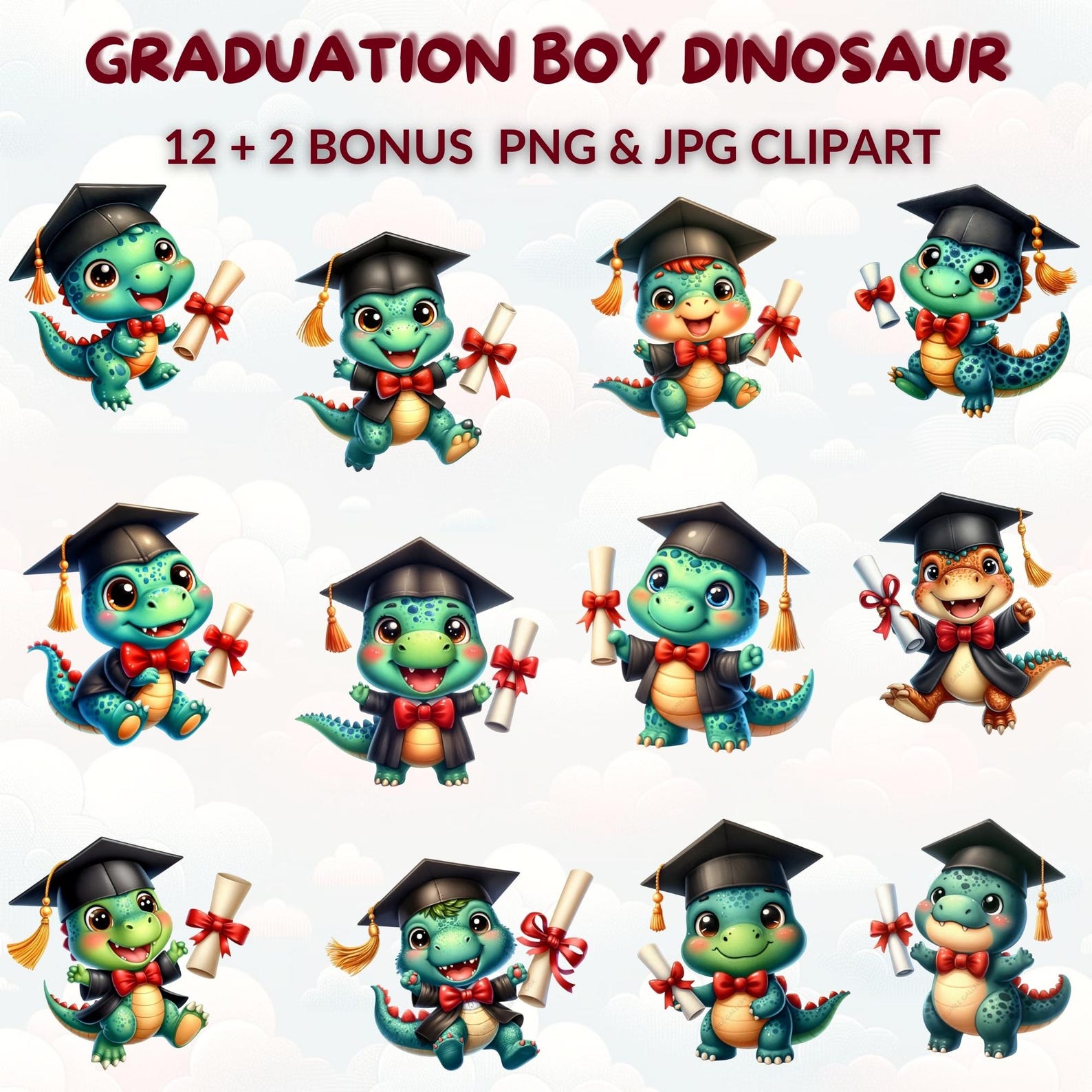 Dinosaur Graduation Clipart: Watercolor Dino Boys Bundle (PNG JPG) - Etsy