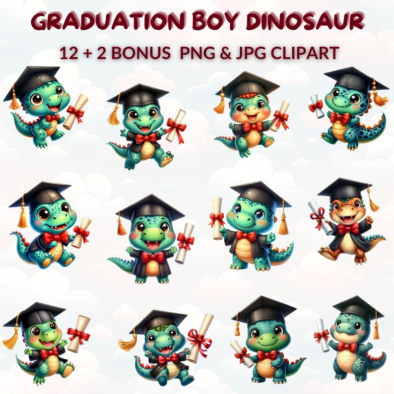 Graduation Boy Dinosaur Clipart Bundle, 12 Watercolor Cartoon PNG JPG ...