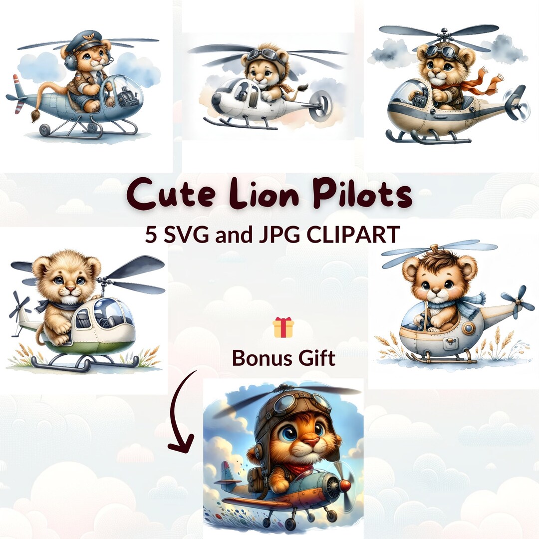 Cute Pilot Lion Clipart, 5 Lion SVG & JPG Bundle, Safari Animals ...