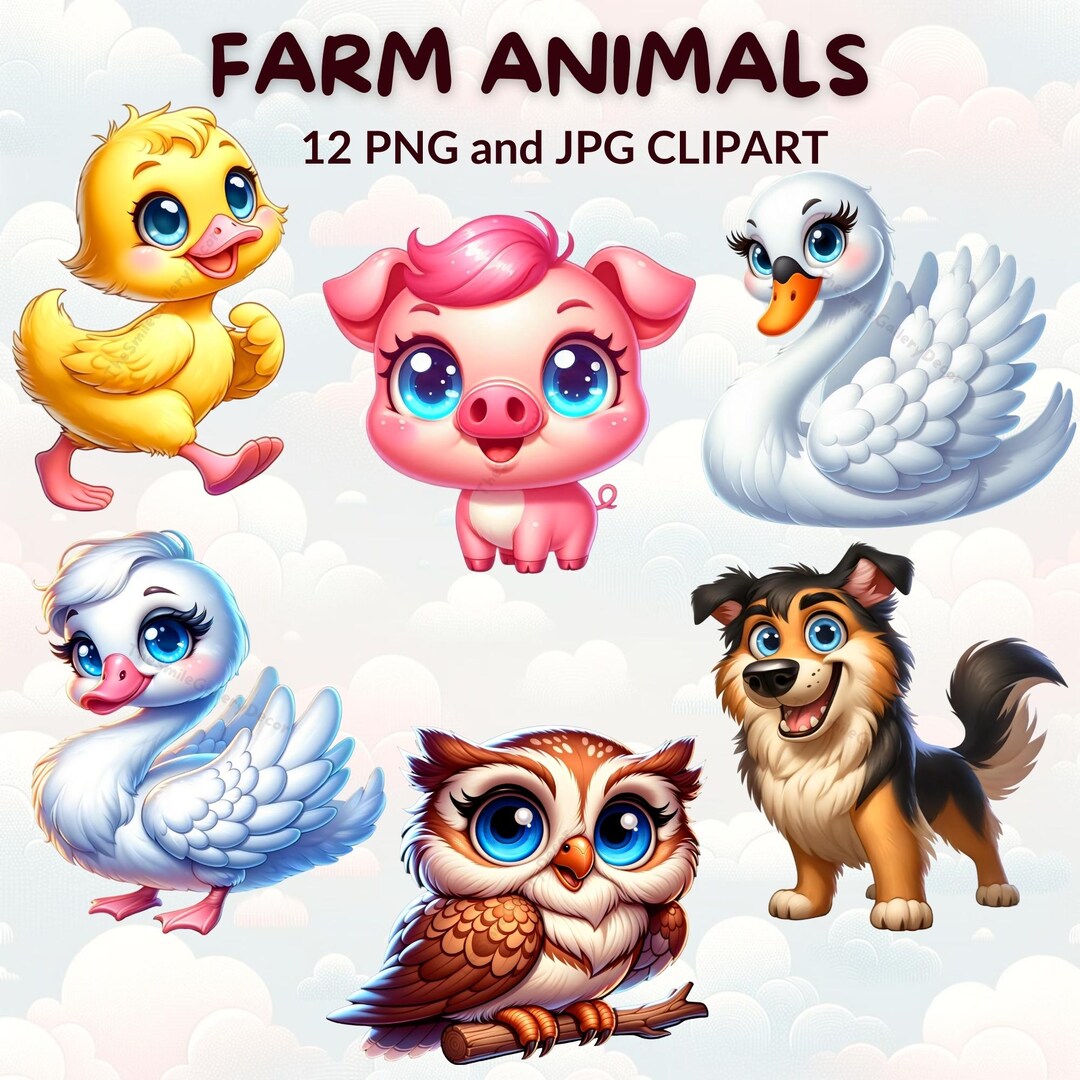 12 Digital Farm Animals Clipart Bundle, Cute Cartoon Animals PNG & JPG ...