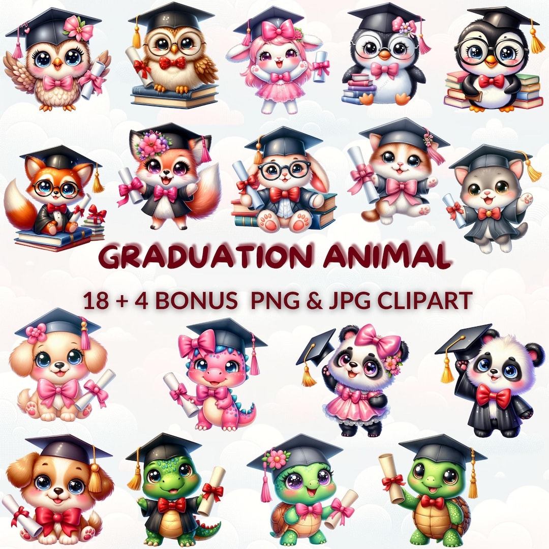 Graduation Animal Clipart Bundle, 18 Watercolor Cartoon PNG JPG, Cute ...
