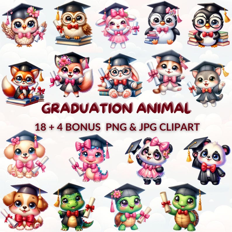 Graduation Animal Clipart Bundle, 18 Watercolor Cartoon PNG JPG, Cute ...