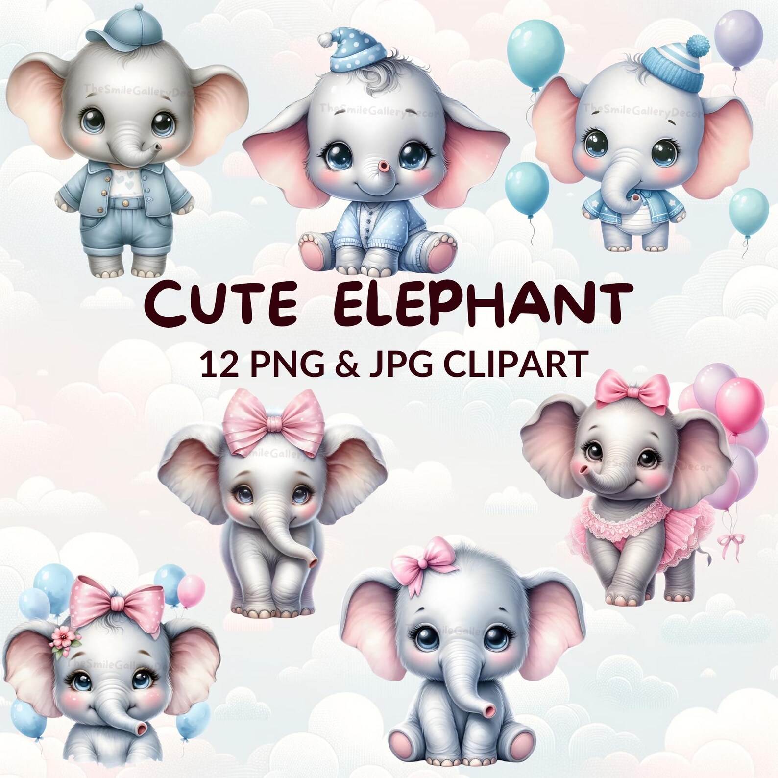 14 Watercolor Elephant Clipart Bundle, Pink & Blue Elephant PNG, JPG ...