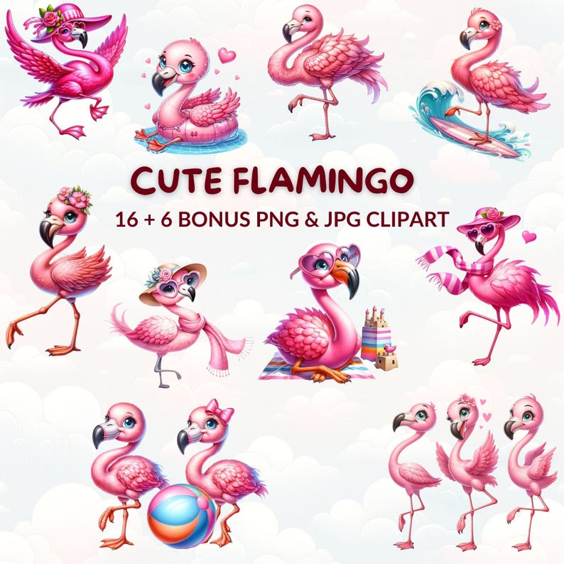 Cute Flamingo Clipart Bundle, 16 Watercolor PNG & JPG, Tropical Bird ...