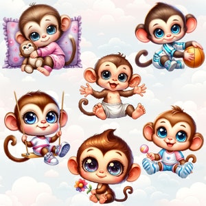 12 Cute Monkey PNG, Watercolor Clipart Bundle, Monkey JPG, Zoo Animals ...