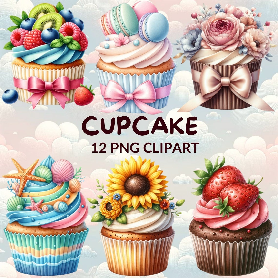 Watercolor Cupcake Clipart Bundle, Cute Dessert PNG, Tropical Sweets ...