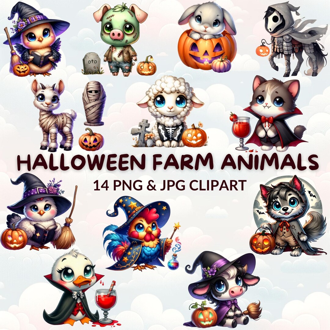 14 Watercolor Cartoon Halloween Farm Animals Bundle Clipart, Cute ...