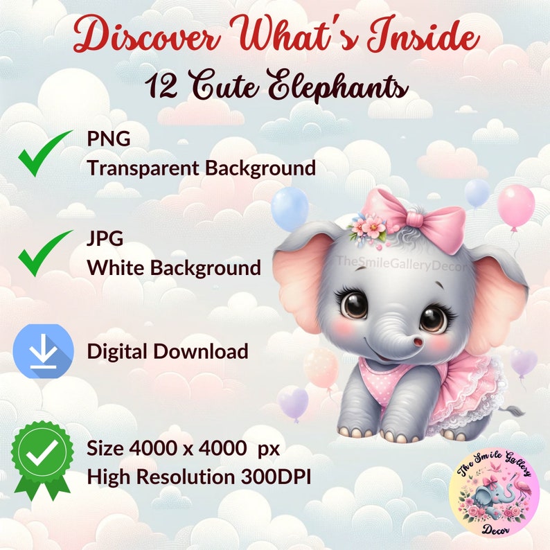 Watercolor Pink Elephant Clipart Bundle: Safari Nursery Decor (PNG, JPG ...