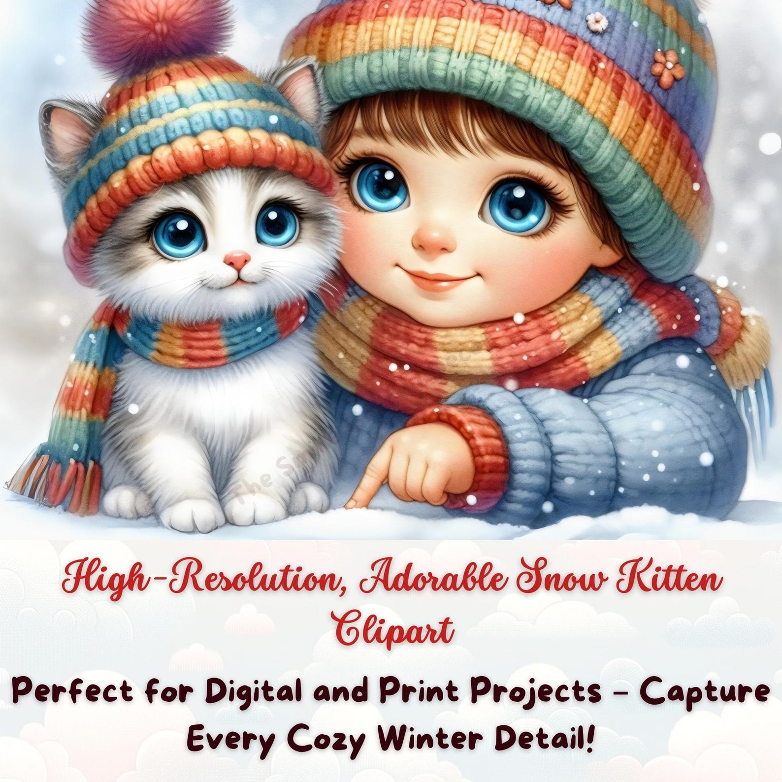Snow Kitten Friends Clipart, Watercolor Winter Kids and Cats ...