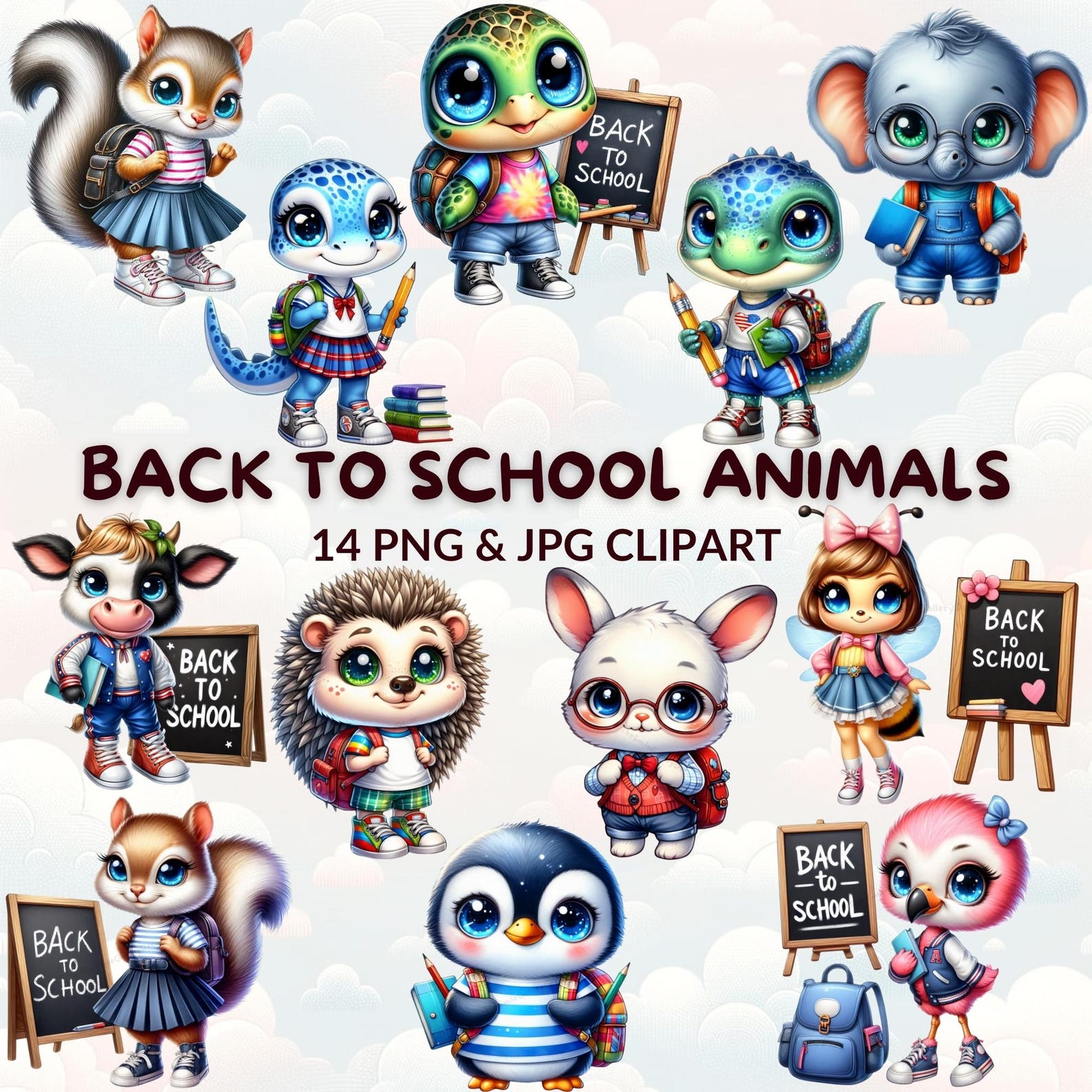 14 Watercolor Cartoon Back to School Animals Clipart Bundle, Cute ...
