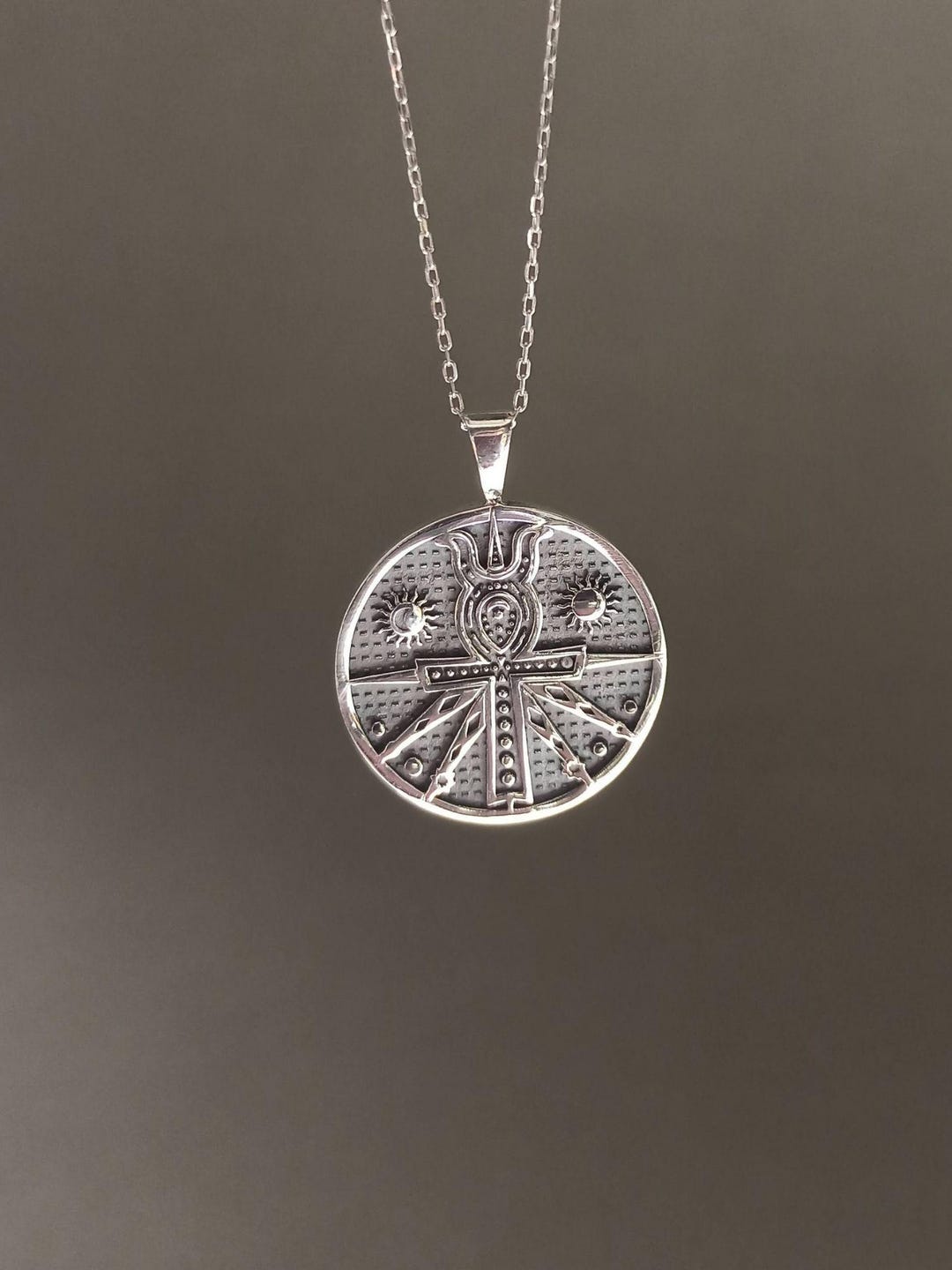 Sterling Silver Ankh Medallion Necklace With Sun Symbols, Key of Life ...
