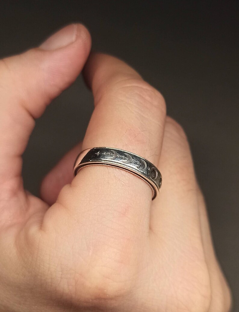 Lunar Cycles Adjustable Band Ring, Sterling Silver Engraved Moon Phases ...