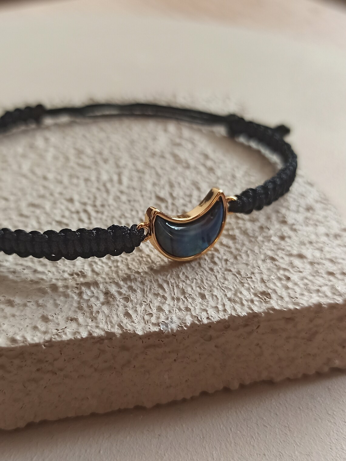 Gold Moon Macrame Bracelet, Moon Charm String Bracelet, Black Cord ...