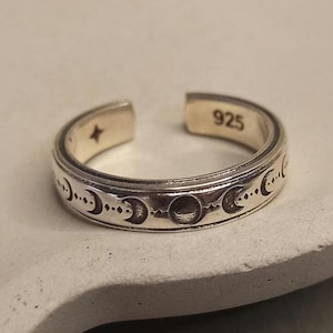 Lunar Cycles Adjustable Band Ring, Sterling Silver Engraved Moon Phases ...