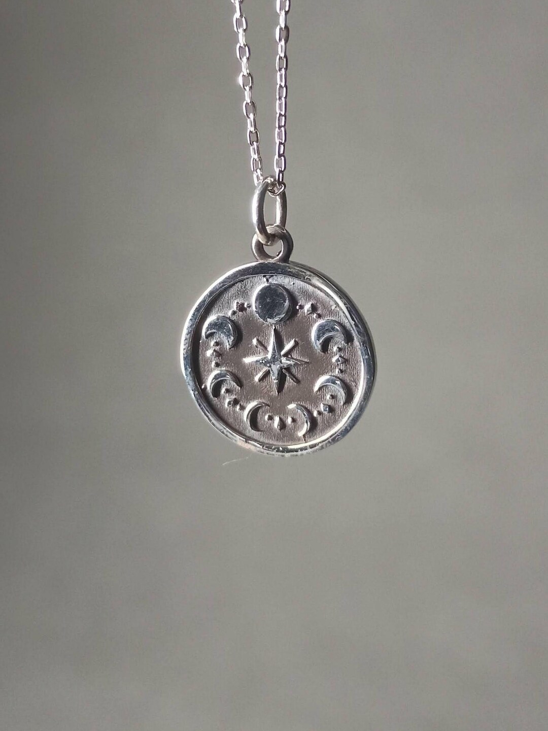 Moon Phases Necklace, Moon Cycles Pendant, Silver Sirius Star and Lunar ...