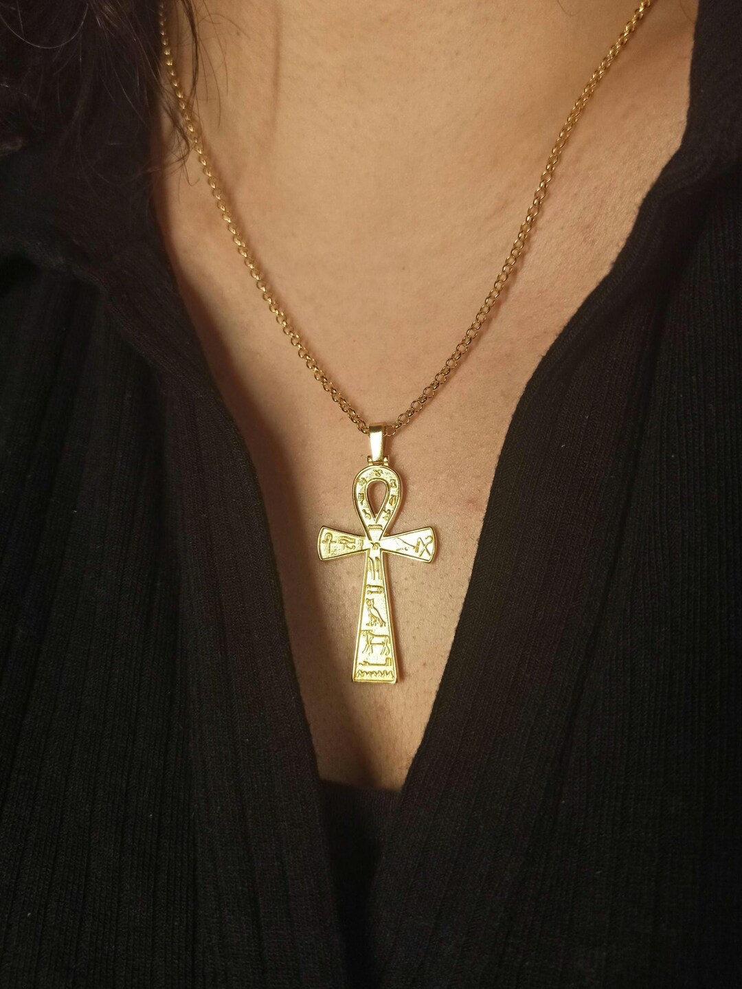 Gold Big Ankh Pendant Necklace: Key of Nile Medallion, Sterling Silver ...