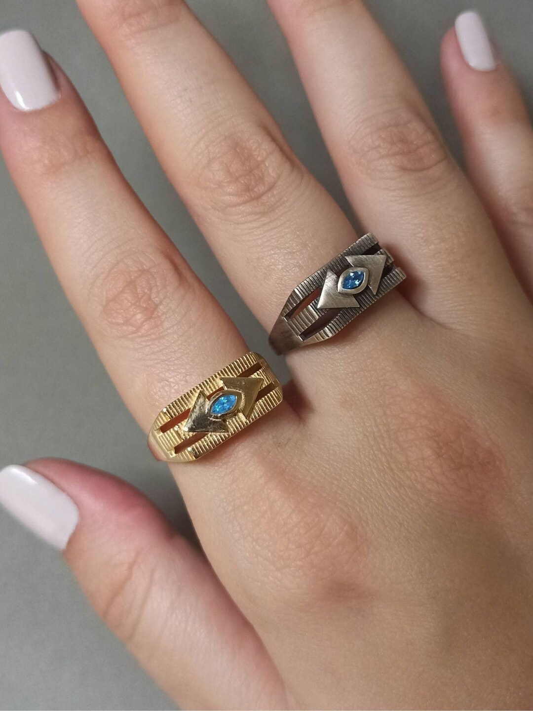 Blue Stone Eye Silver Signet Ring, Gold Open Signet Ring With Blue ...