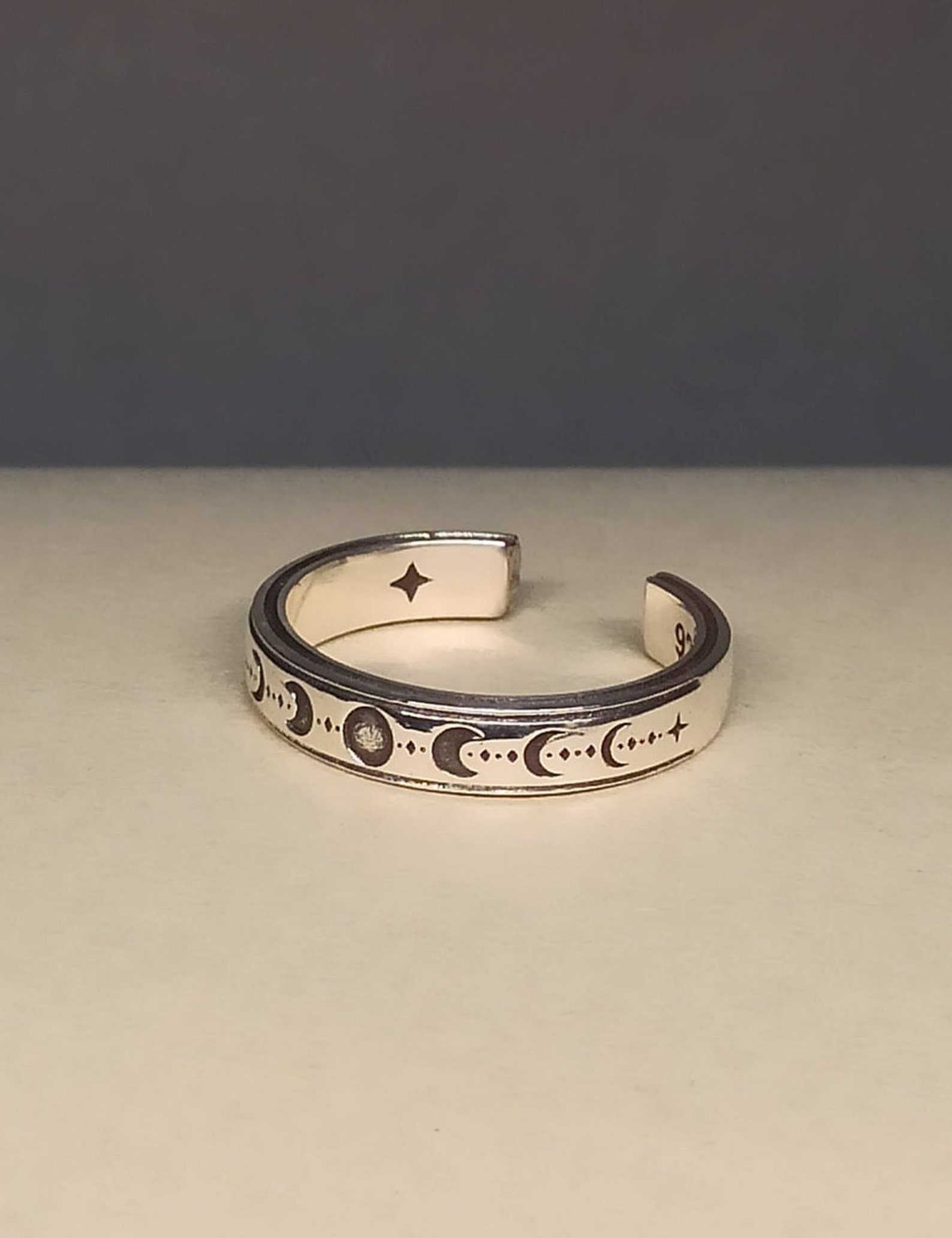 Lunar Cycles Adjustable Band Ring, Sterling Silver Engraved Moon Phases ...