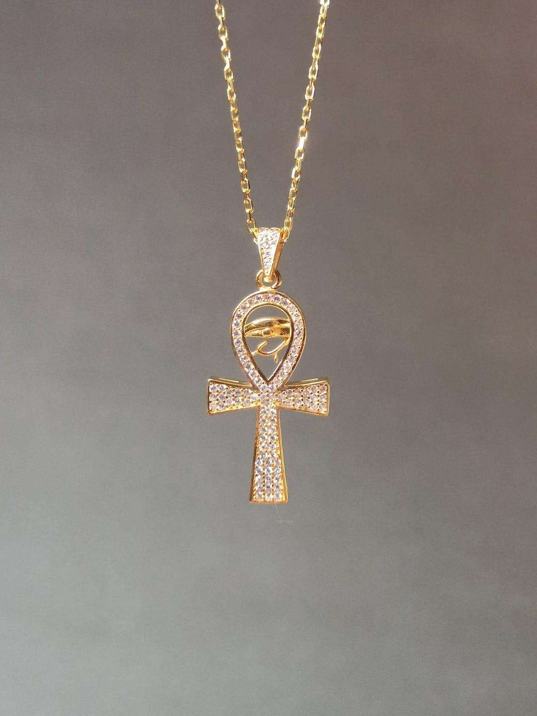 Gold Ankh Necklace With Cz Diamonds, Eye of Ra Necklace in Sterling ...