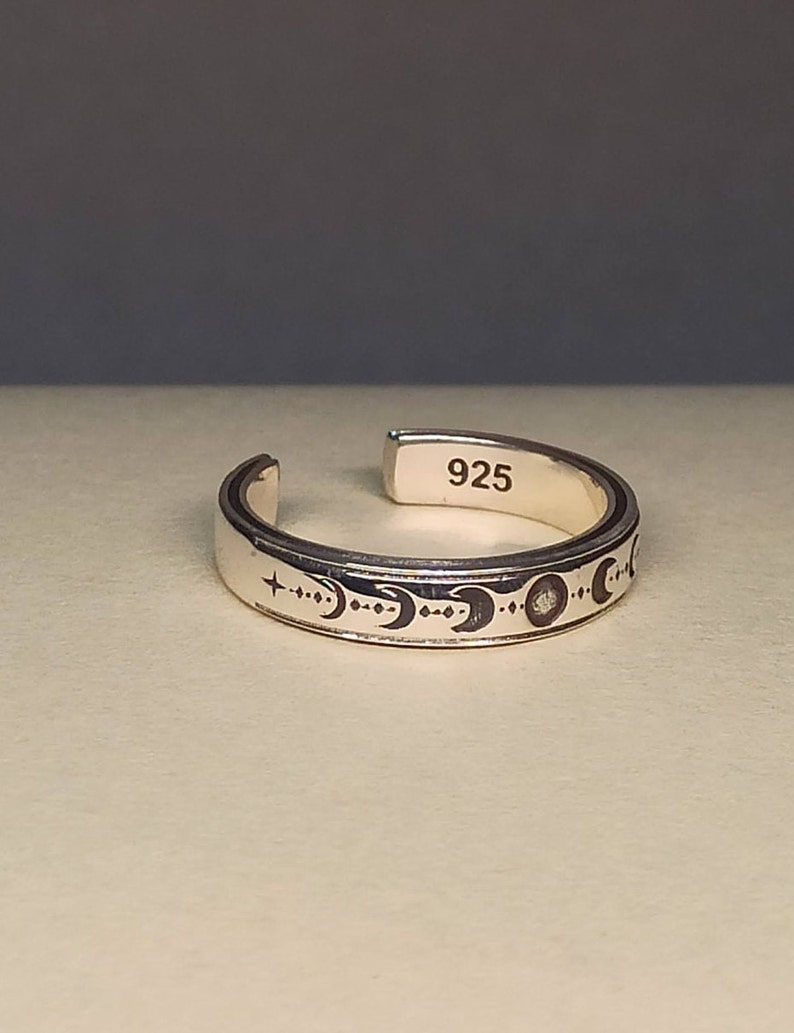 Lunar Cycles Adjustable Band Ring, Sterling Silver Engraved Moon Phases ...
