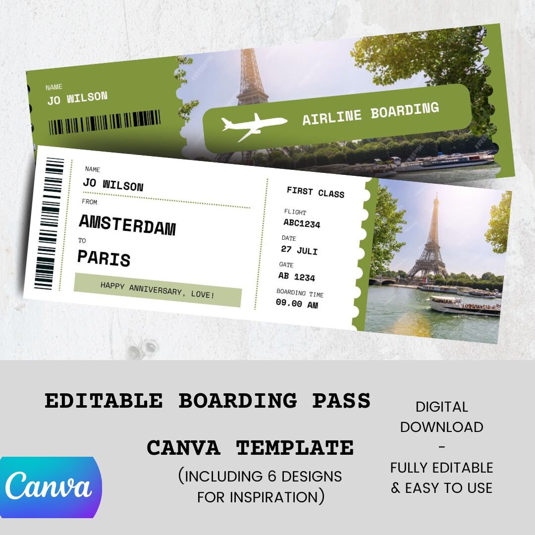 Editable Travel Boarding Pass Template Perfect Present for Adventure ...
