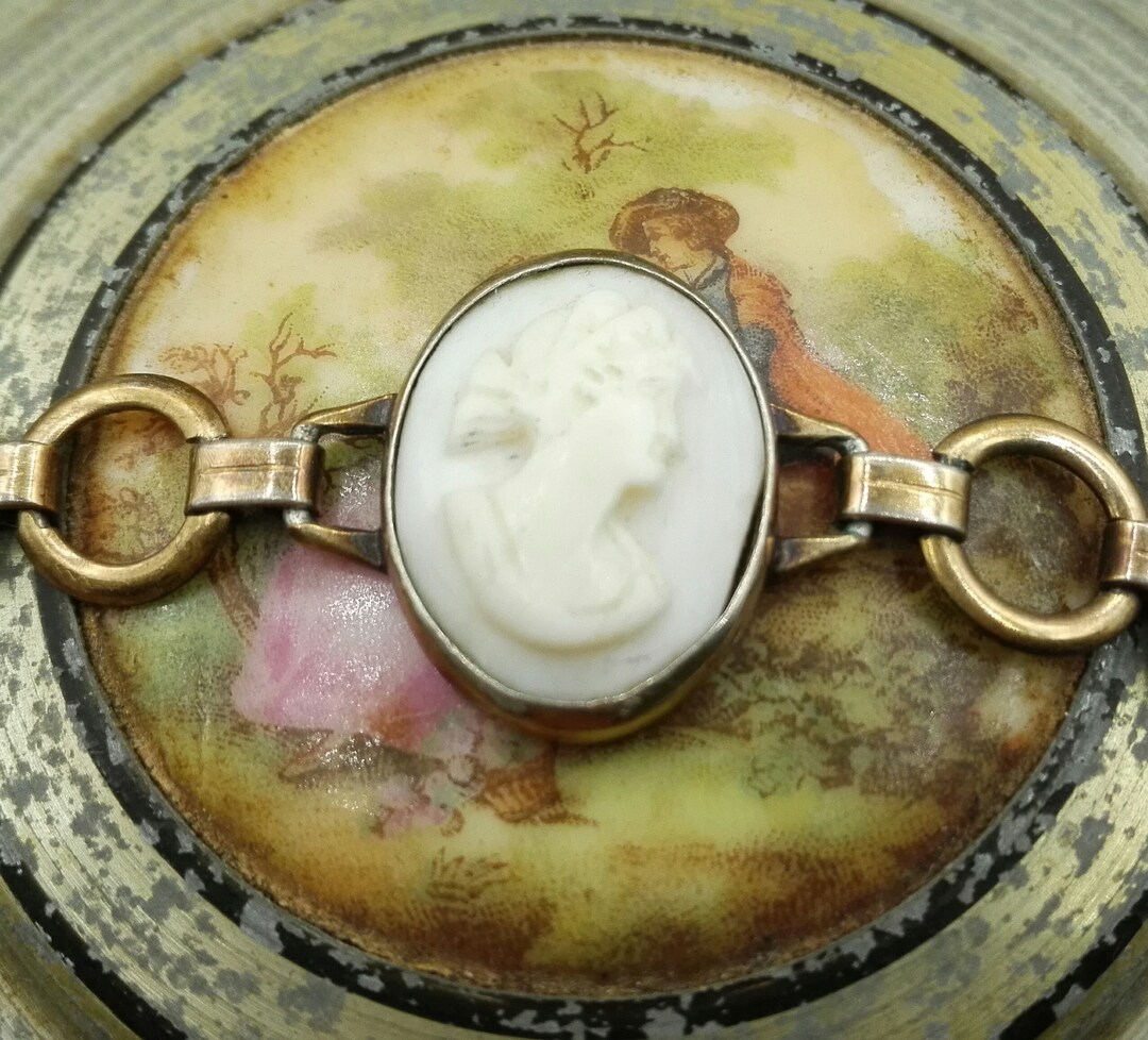 Antique Gold Filled Carved Shell Cameo Bracelet and Music Box Compact ...