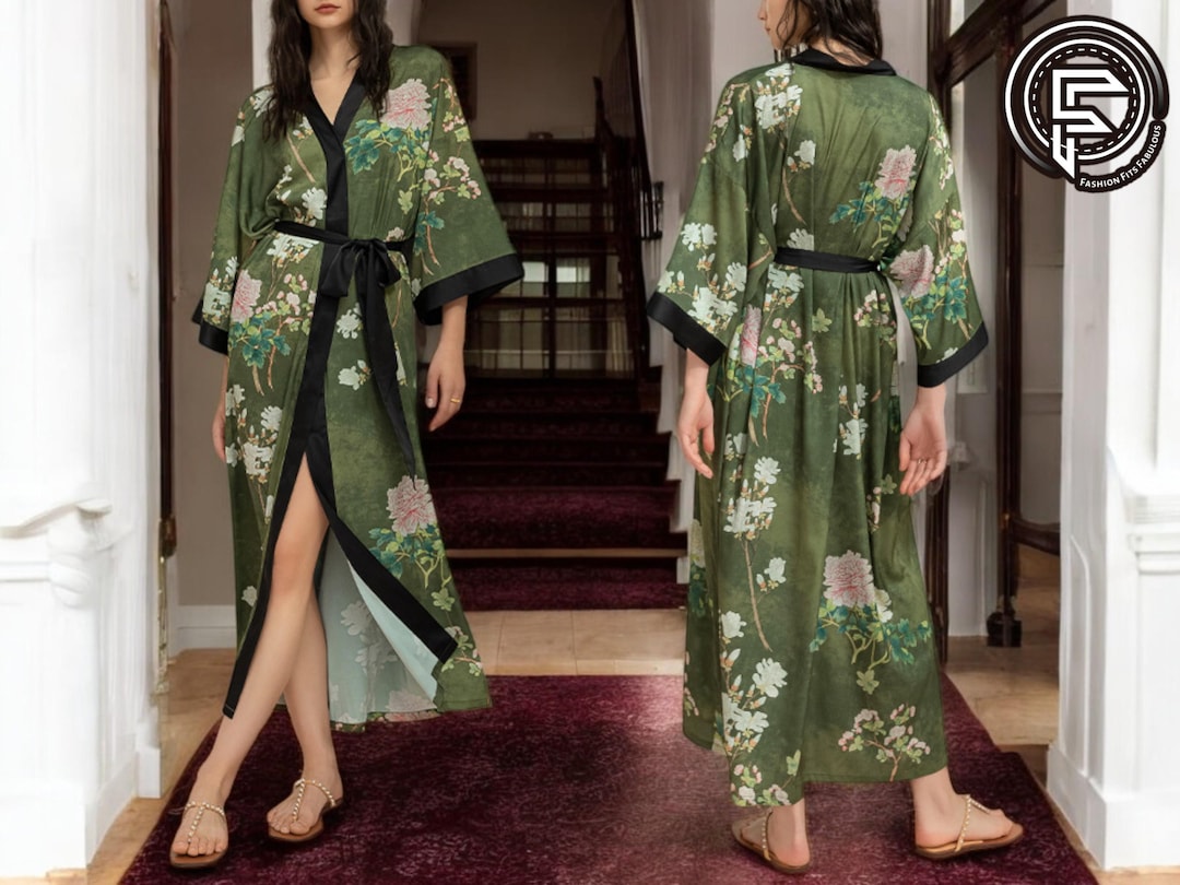 Floral Print Kimono Robe Long Sleepwear Gown Casual Satin Nightgown - Etsy