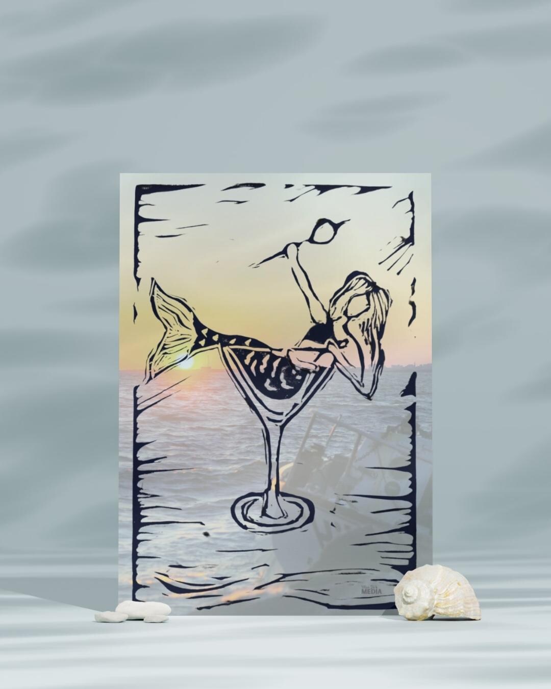 Mermaid in Martini Glass Linocut Digital Download | 8.5x11" Printable ...