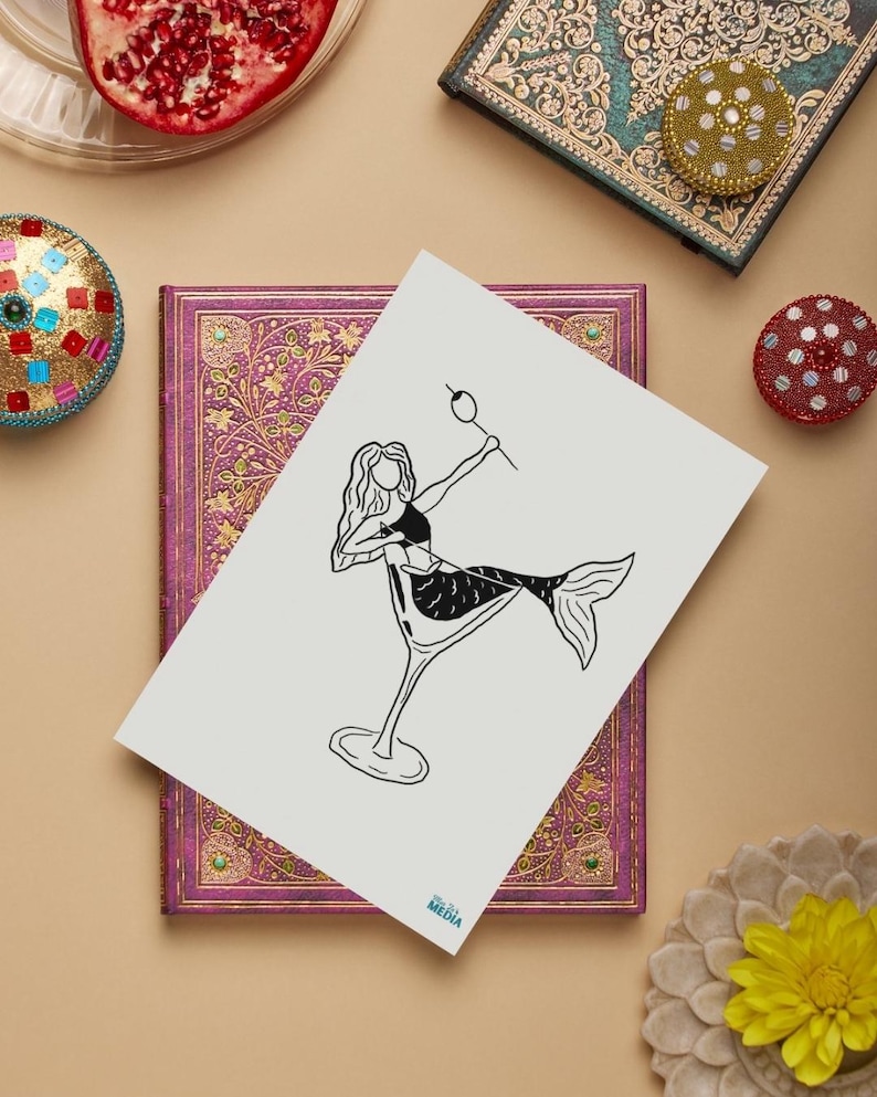 Mermaid Martini Art Print: Whimsical Nautical Wall Decor (digital ...
