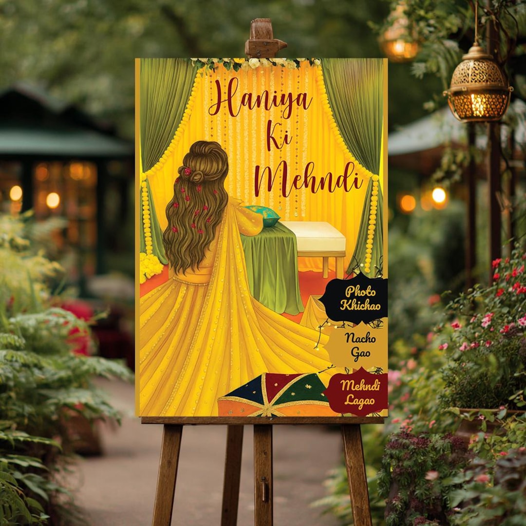 Mehndi Welcome Sign | Bride Illustration Mehndi Board | Yellow Desi ...