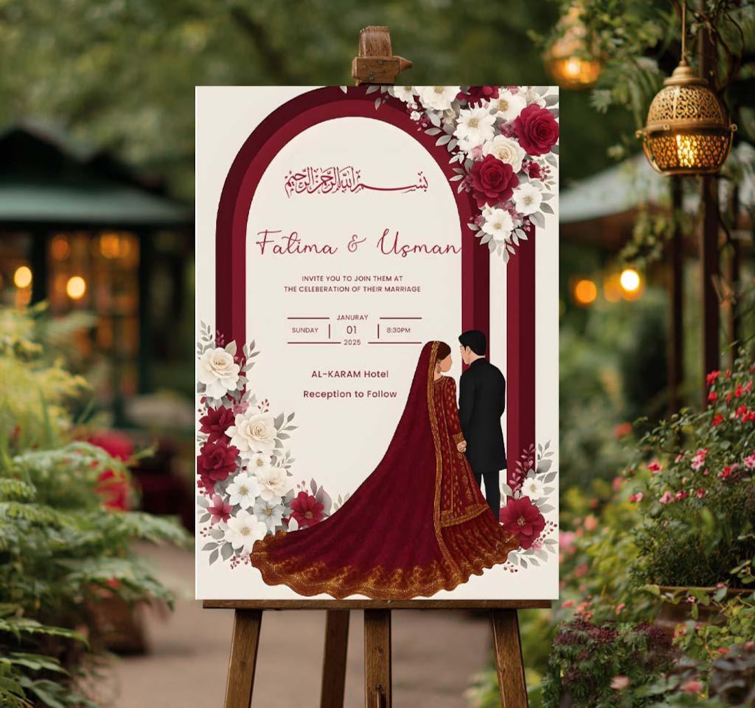 Burgundy Floral Nikkah Welcome Sign: Bride & Groom Illustration - Etsy