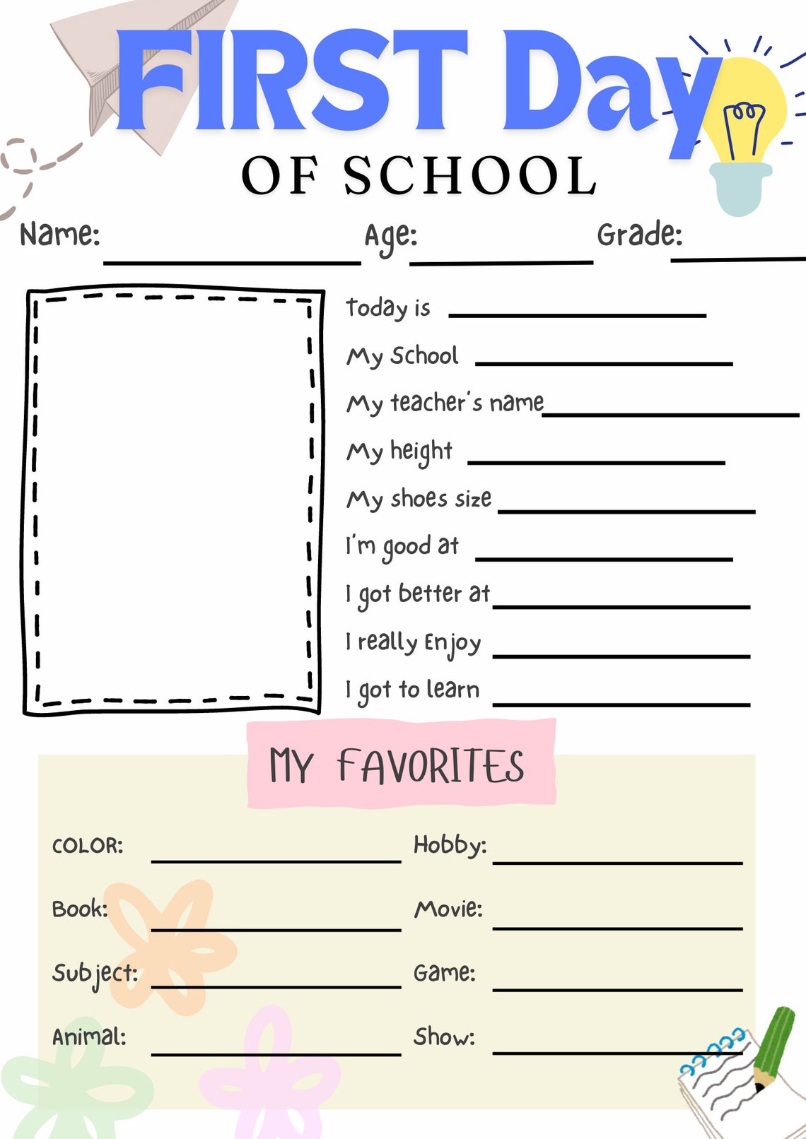 Back to School Printable, Back to School Questionnaire, School ...