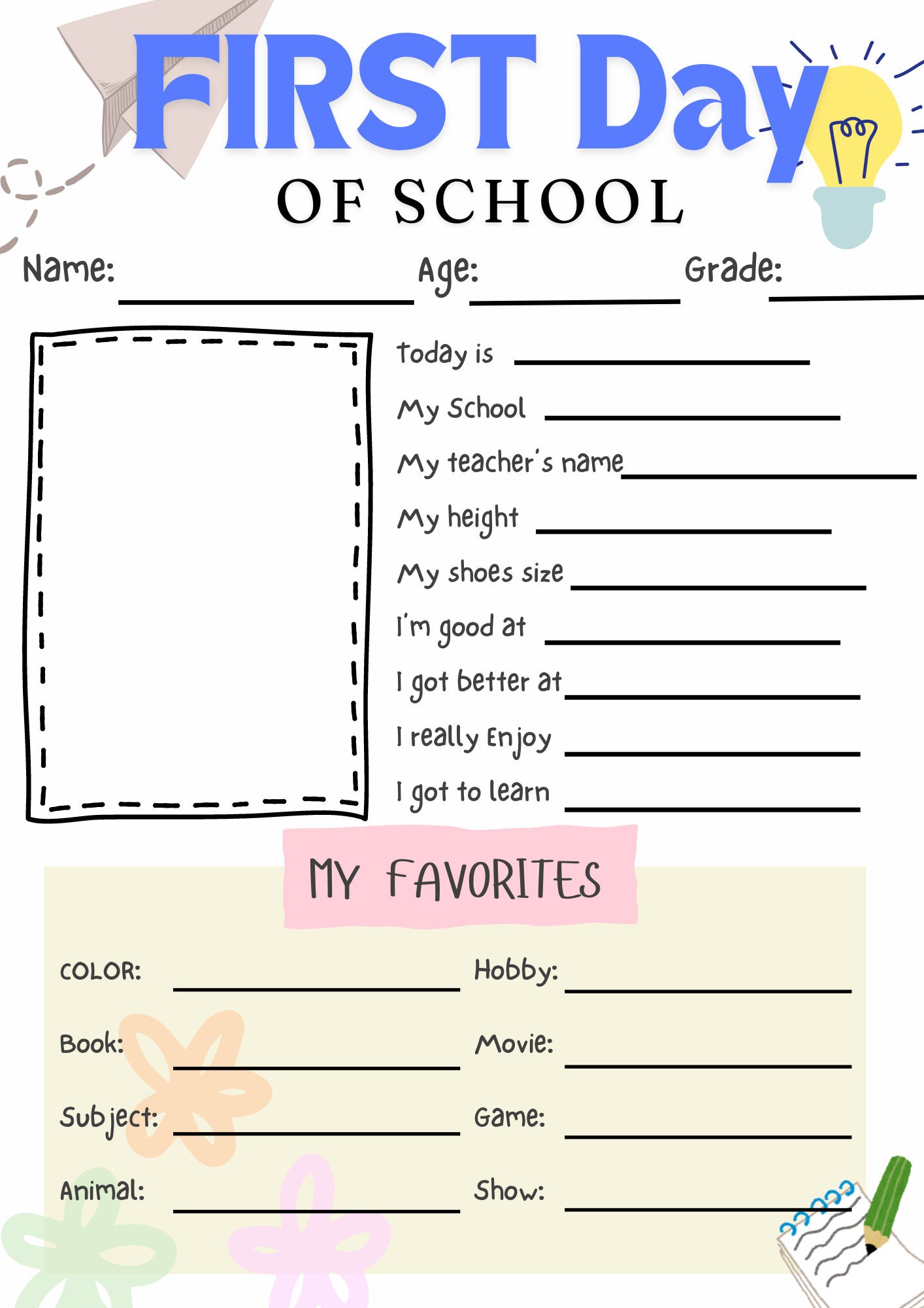 Back to School Printable, Back to School Questionnaire, School ...
