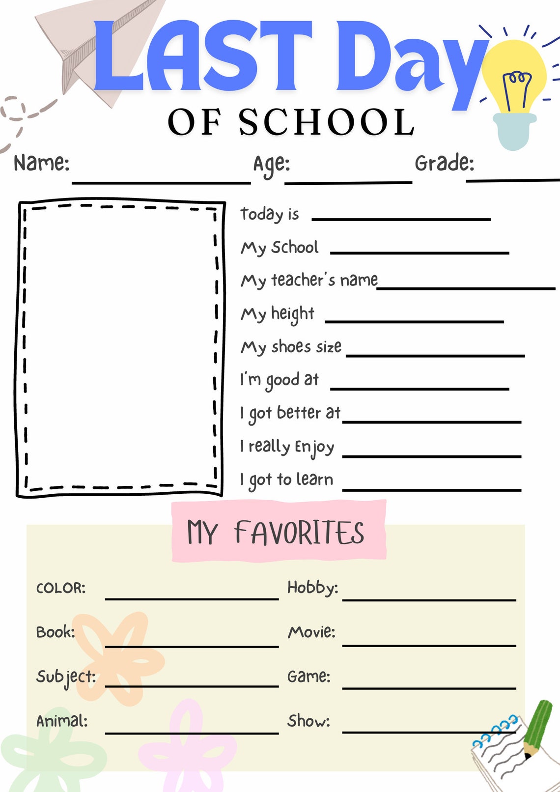 Back to School Printable, Back to School Questionnaire, School ...