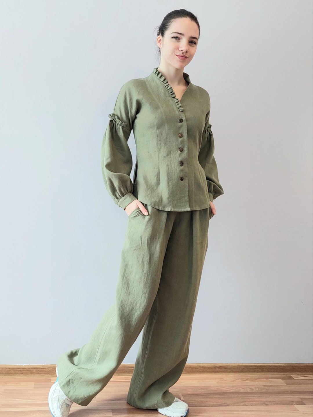 Linen Shirt and Trousers Set, Puff Sleeve Shirt and Palazzo Trousers ...