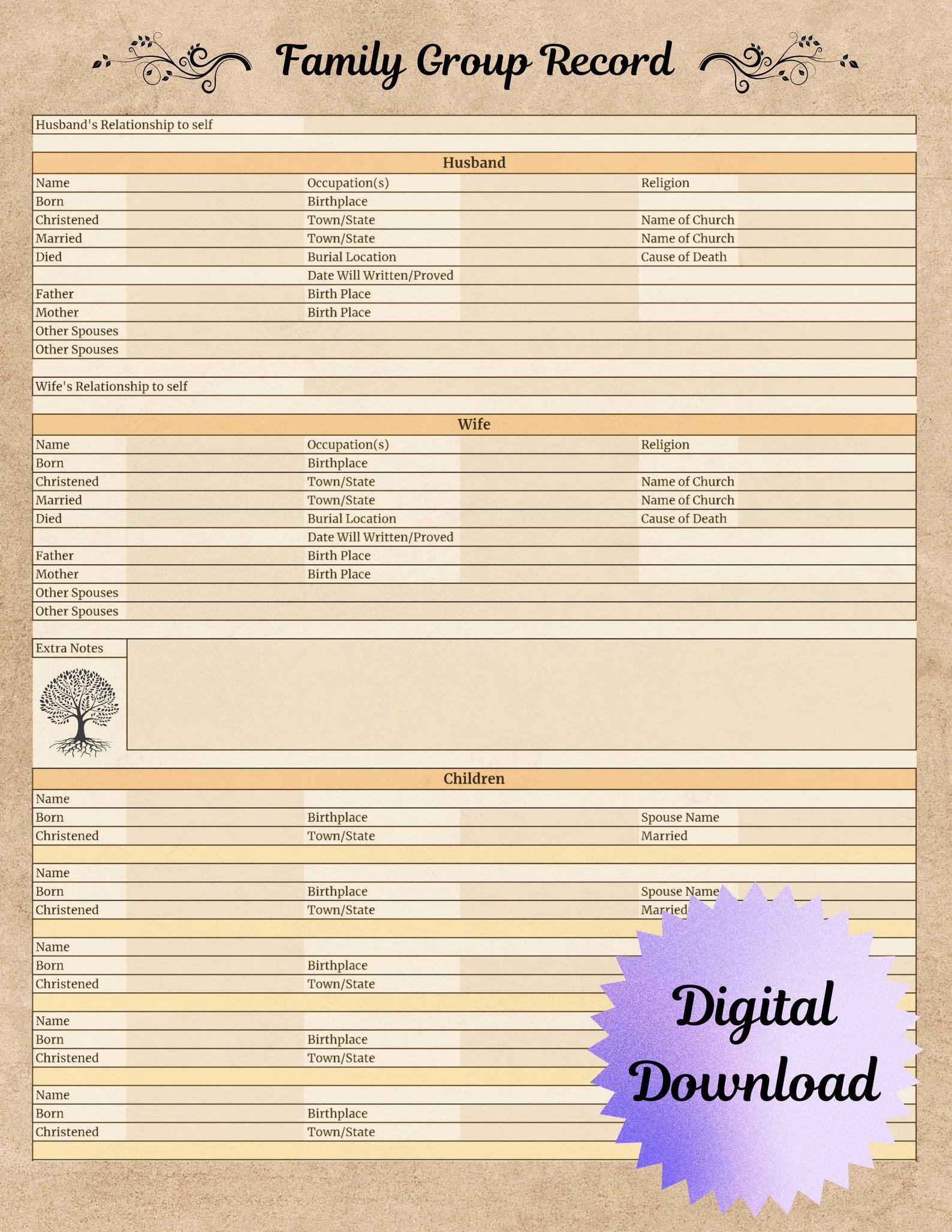 Family Group Record - Printable - Editable PDF - Etsy