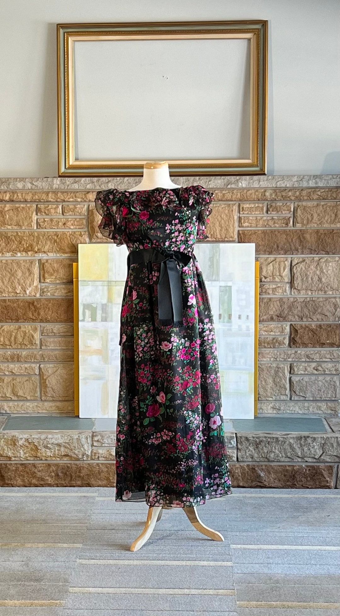 60's Kiki Hart Blum's Vogue Chicago-beverly Hills Black Floral Organza Silk Ruffled Sleeve ...