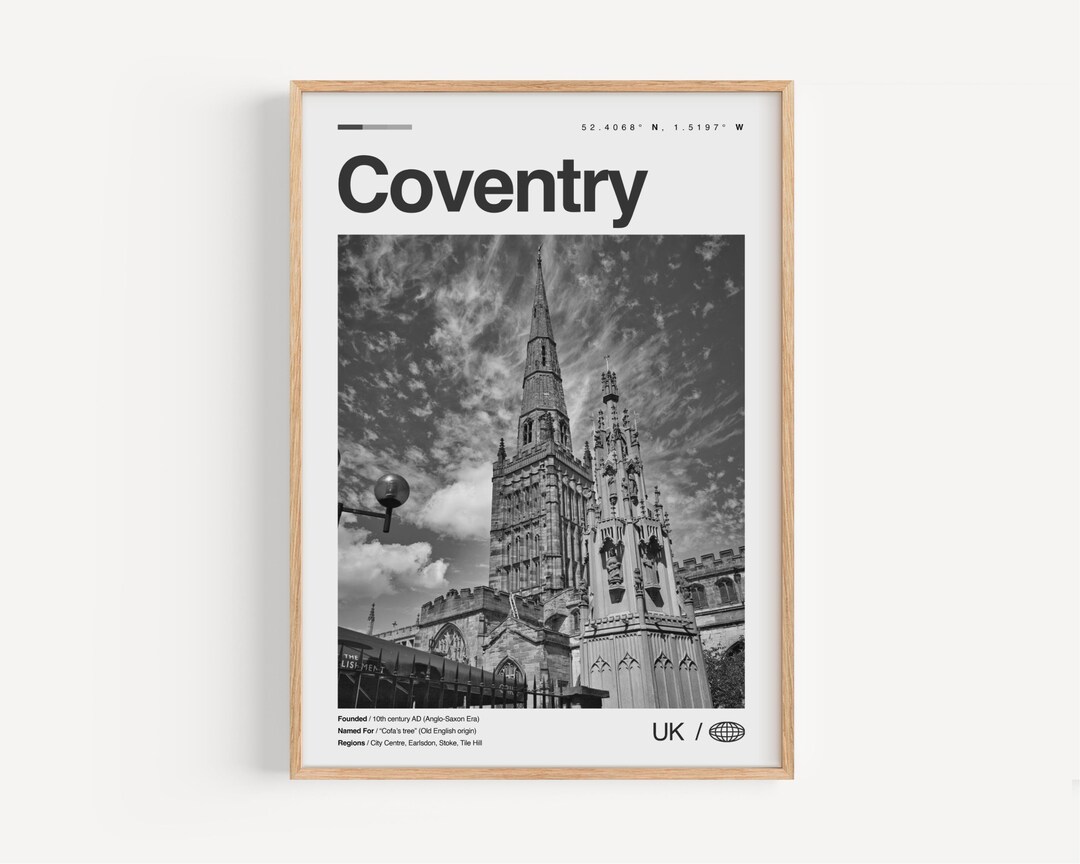 Coventry Print Black and White England, Coventry Wall Art, Coventry ...
