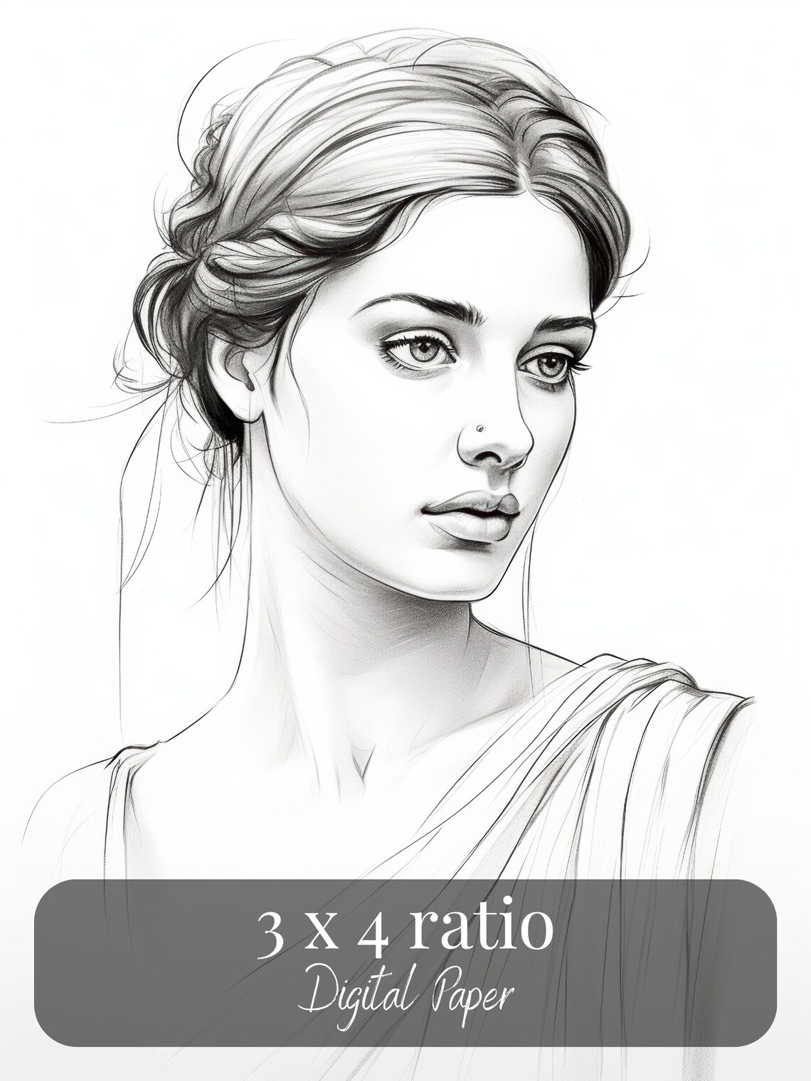 Lady Portrait in Line Art Style, Ready to Print, Digital Image for ...